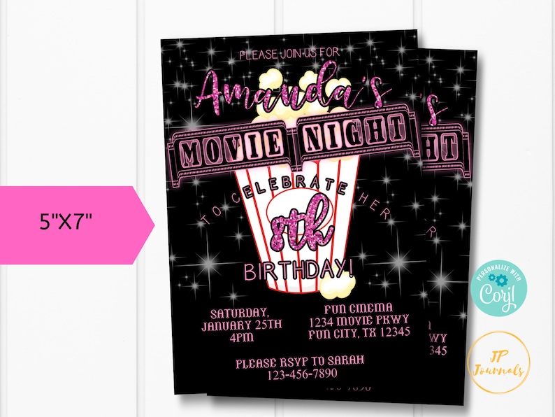 Girl Movie Night Birthday Party Invitation Template Edit | Etsy
