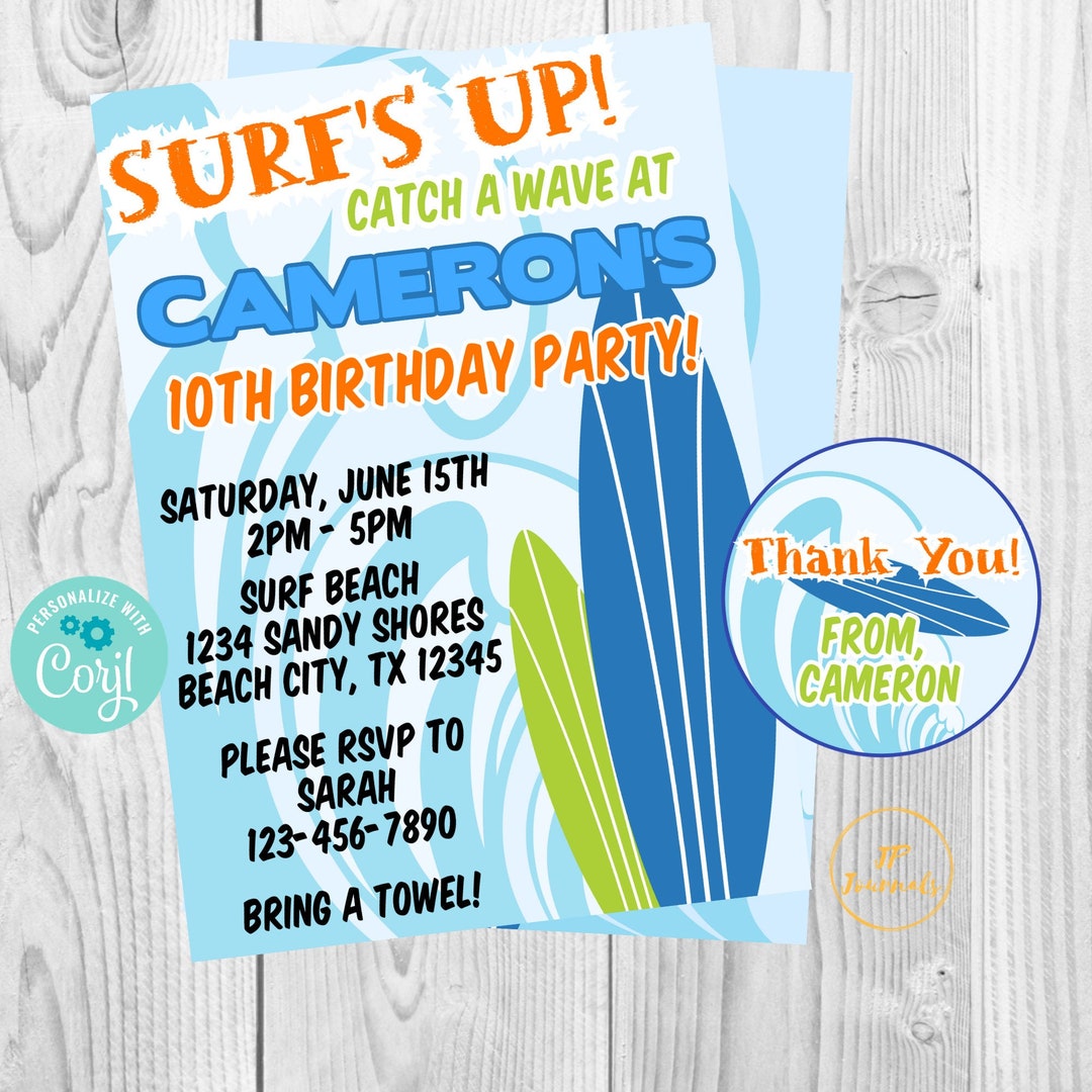 Surfing Themed Birthday Party Invitation DIY Edit Printable Invite ...