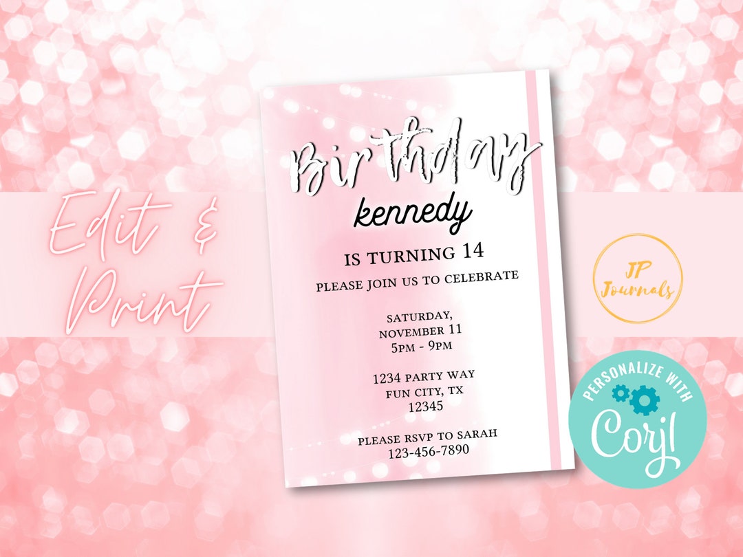 Pink Aesthetic Birthday Party Invitation for Girls, DIY Edit and Print ...