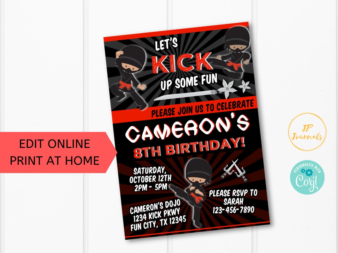 Boy Ninja Birthday Party Invitation Template Edit Online | Etsy
