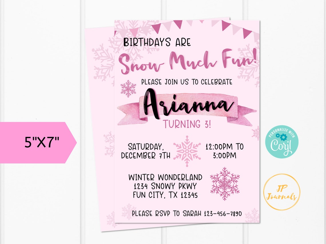 Snow Much Fun Birthday Party Invitation Template Pink Winter | Etsy