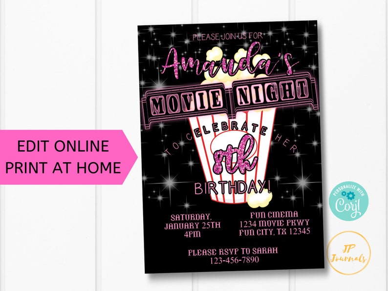 Girl Movie Night Birthday Party Invitation Template Edit | Etsy