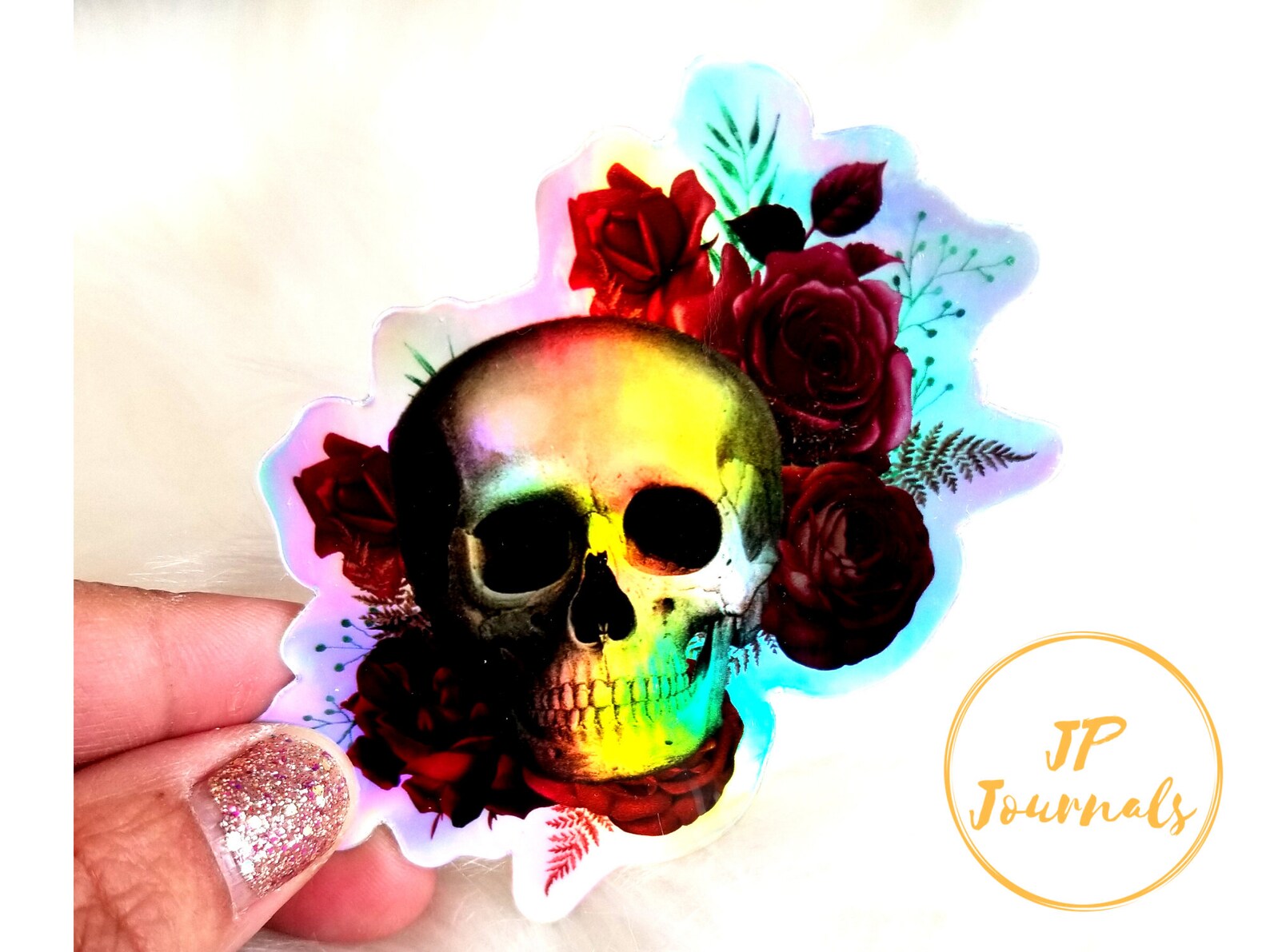 Holographic Skull and Roses Sticker | Etsy