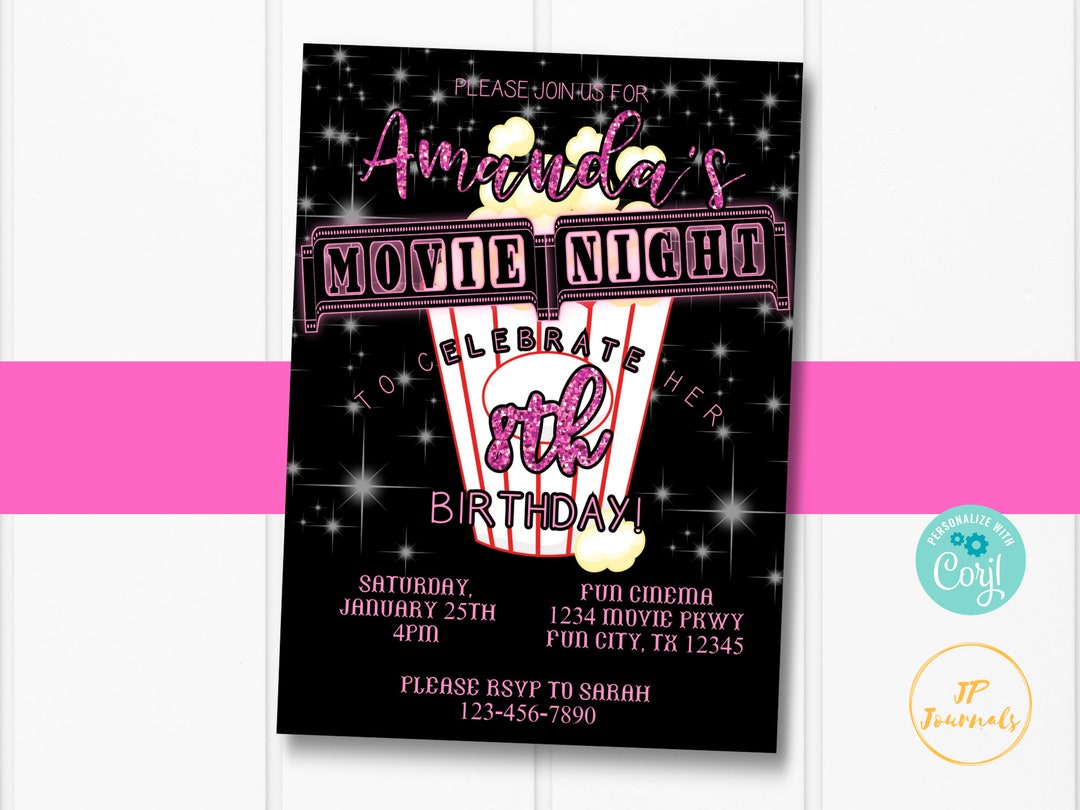 Girl Movie Night Birthday Party Invitation Template Edit Online Print ...