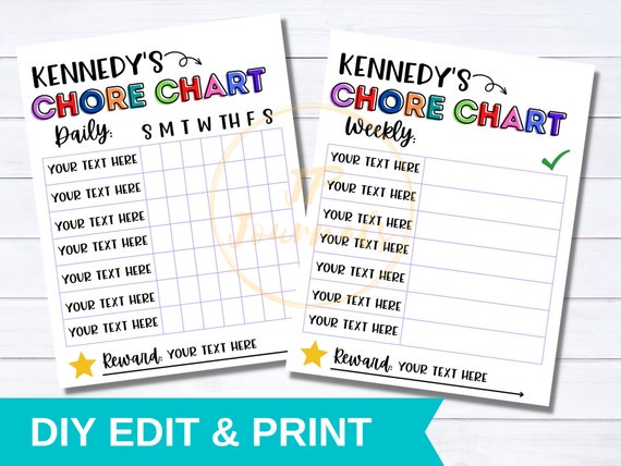 Chore Chart Template, Editable and Printable Daily and Weekly Chore ...