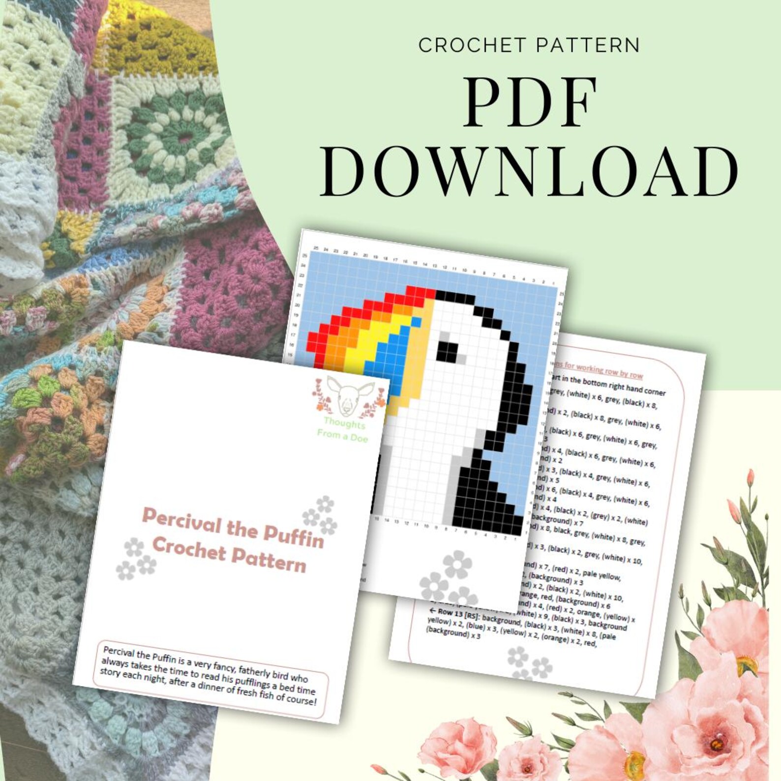 Percival the Puffin Crochet Blanket Pattern - GRAPH and WRITTEN Pattern ...