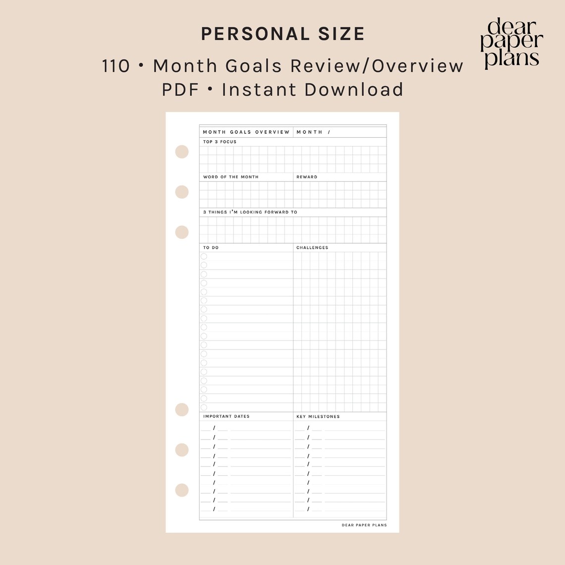 PERSONAL | Month Goals Overview & Review Planner Insert | UNDATED | 110 ...