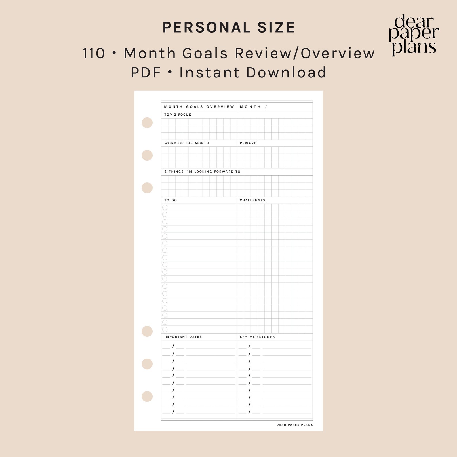 PERSONAL | Month Goals Overview & Review Planner Insert | UNDATED | 110 ...