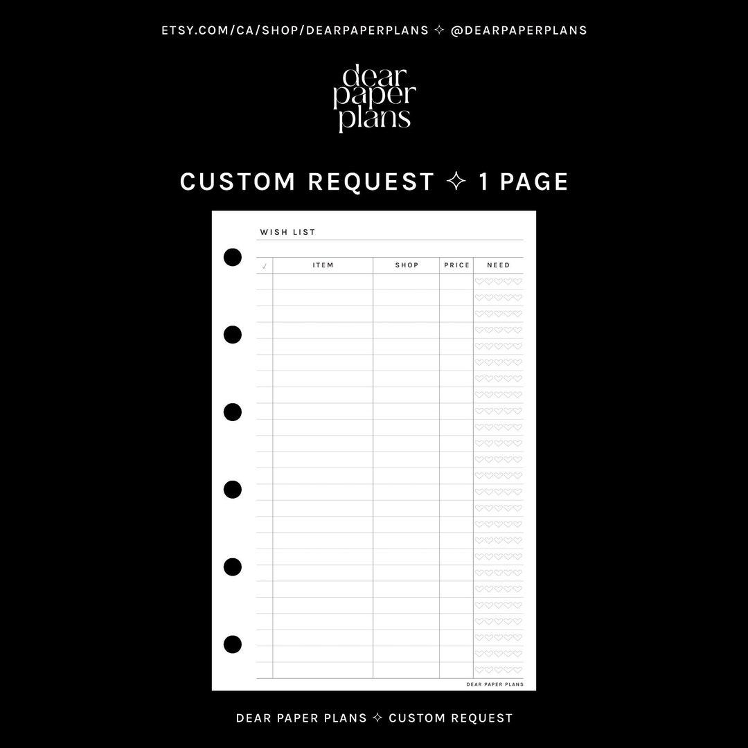 Custom Request | 1 Page Planner Insert, Digital Insert, Printable ...