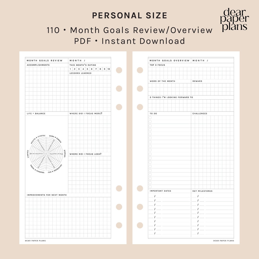 PERSONAL | Month Goals Overview & Review Planner Insert | UNDATED | 110 ...