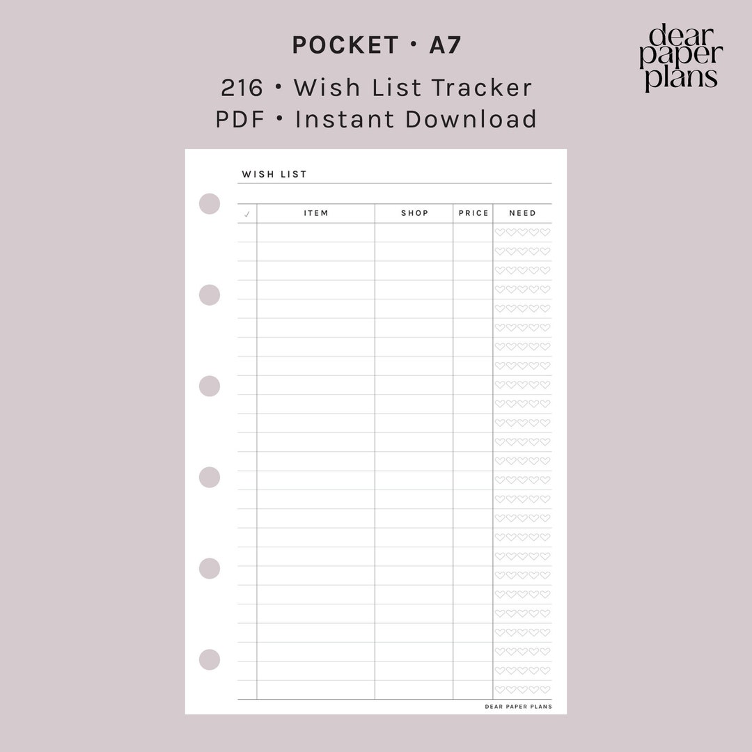 POCKET | Wish List Tracker Planner Insert | 216 | Printable Insert ...