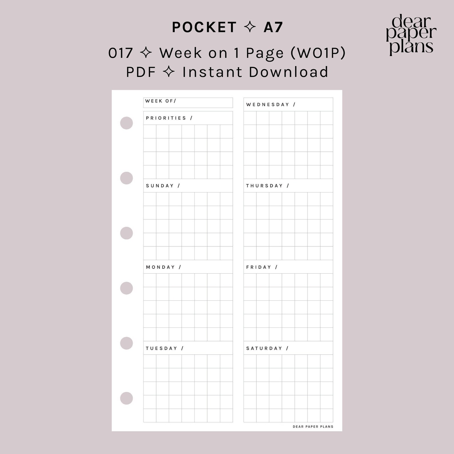 POCKET | WO1P (week on 1 Page Insert) | UNDATED | Monday + Sunday Start ...