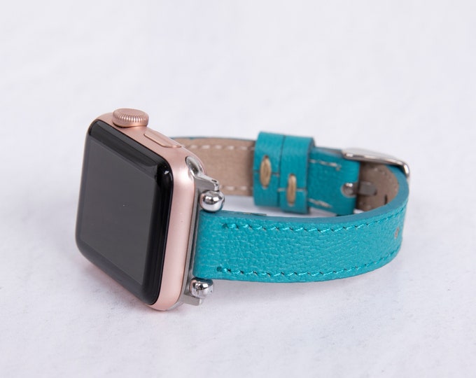 Turquoise Handmade Leather Watch Band - Compatible Apple and Fitbit ...