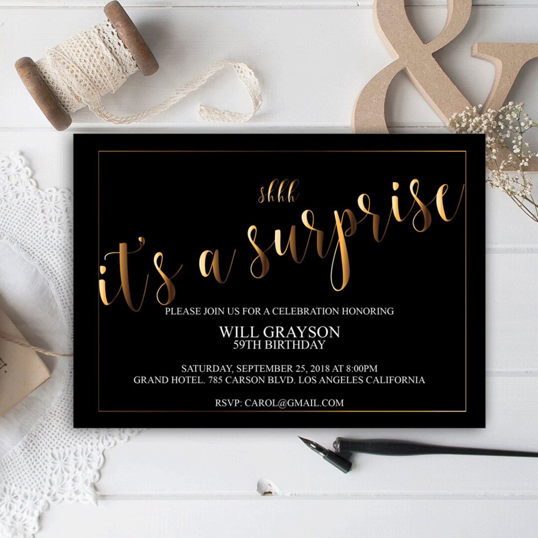 Gold Shhh It's A Surprise Invitation Template Surprise Party Invitation ...