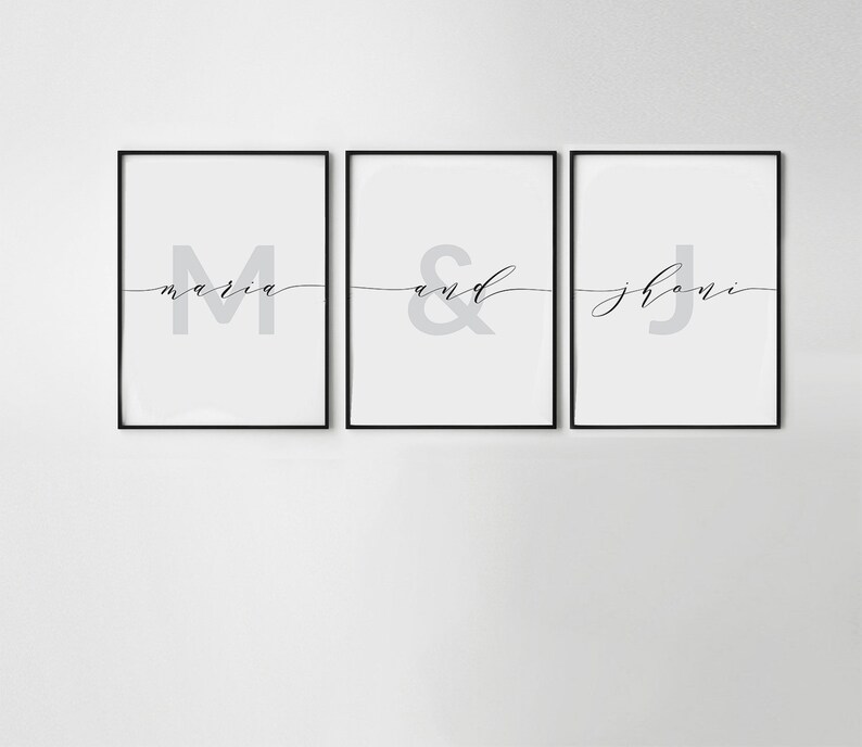 Set of Three 3 Personalized Name & Initial Prints, Custom Couples Sign ...