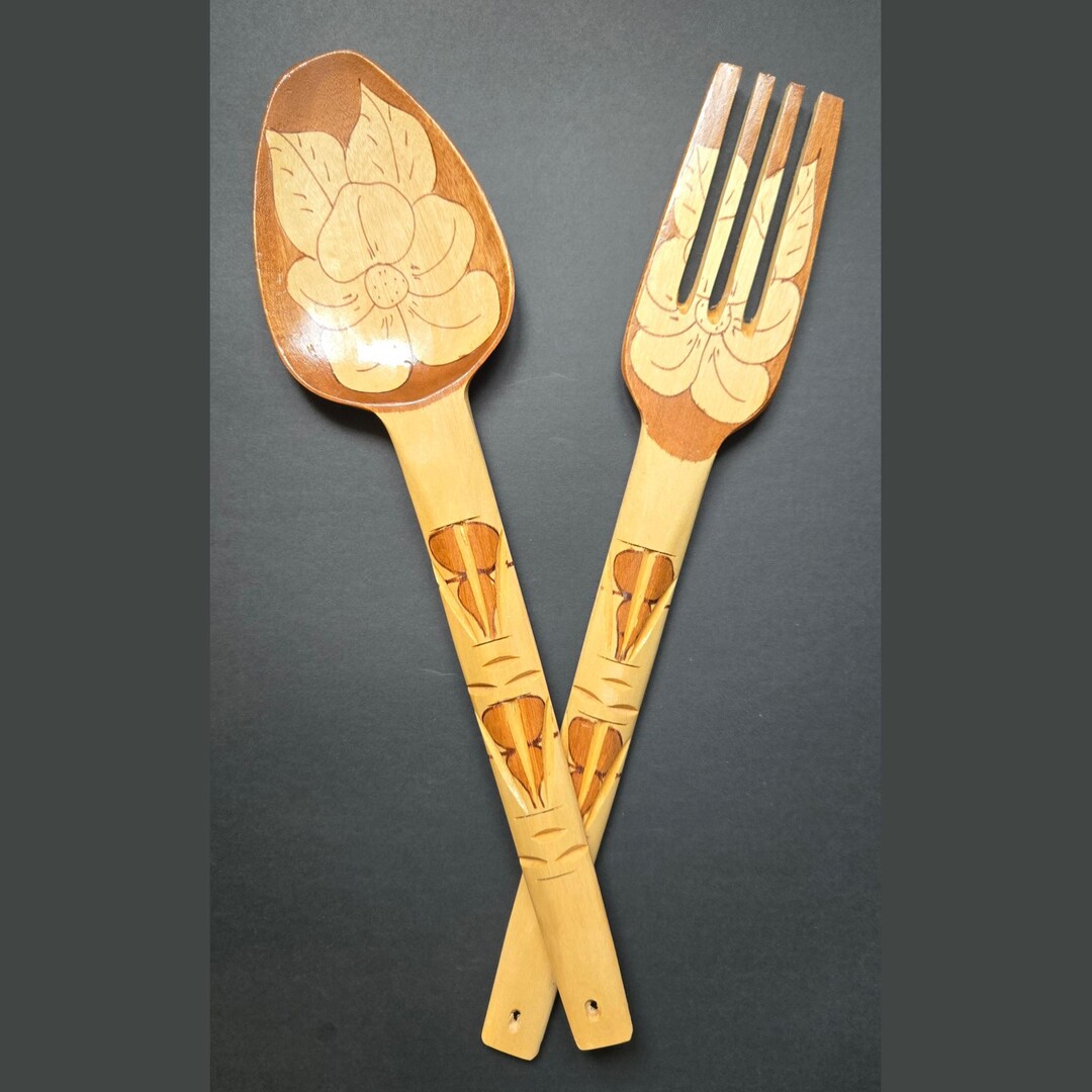 Vintage Oversize Wooden Utensils, 20" Long, Large Spoon and Fork ...