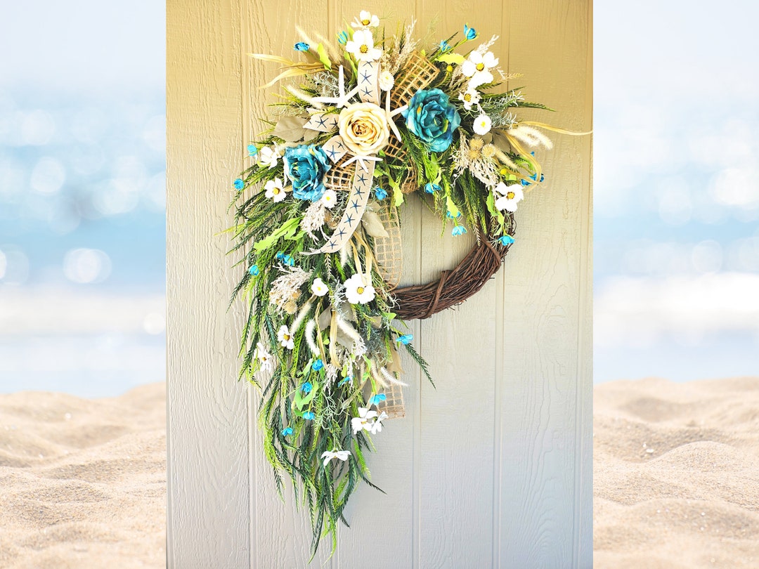 Handmade Beach Grapevine Wreath With Starfish and Seashells, Coastal ...