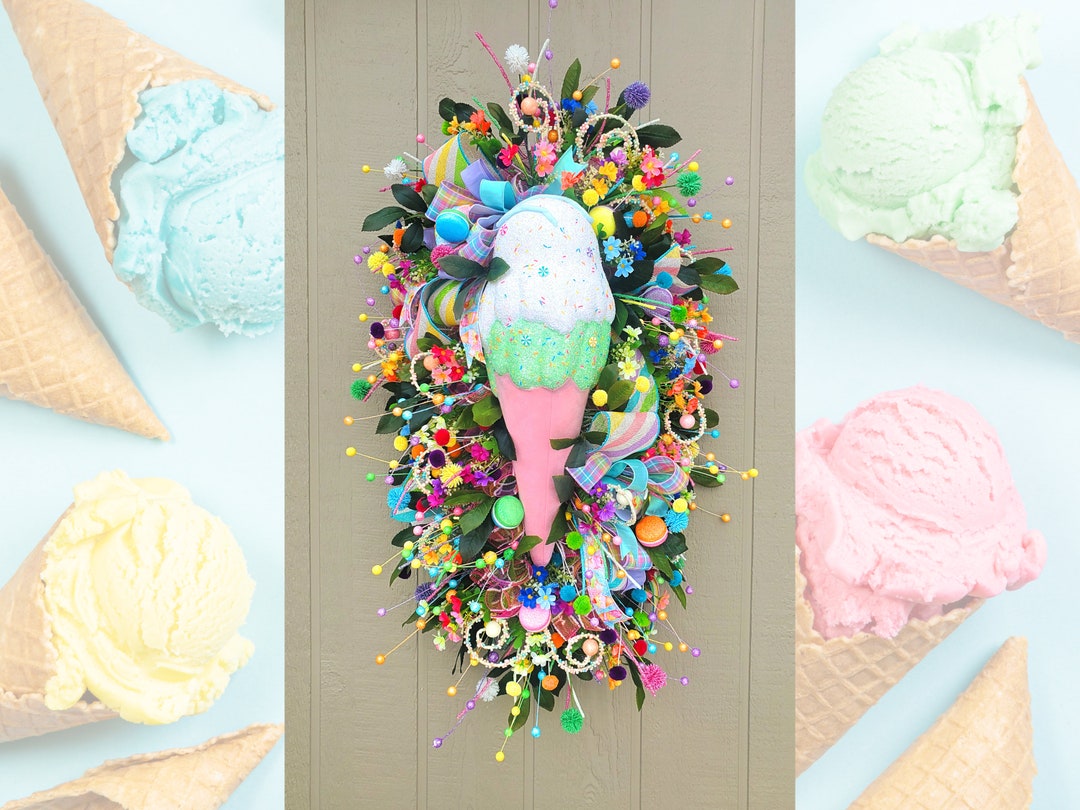 Handmade Ice Cream Cone Swag Wreath - Vibrant Floral Door Decor, Summer ...