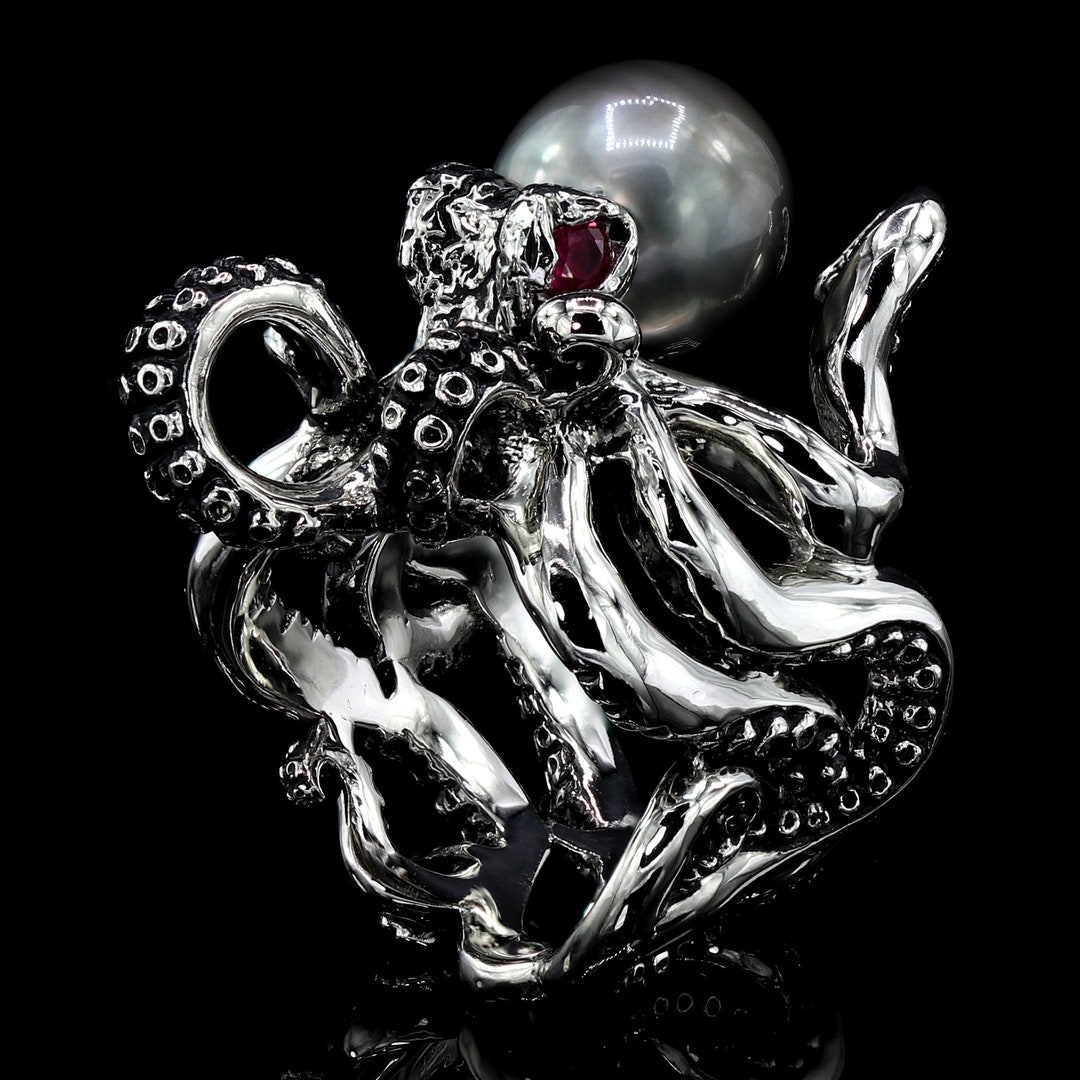 Octopus Ring: Sterling Silver, Black Tahitian Pearl, Gothic Sea Animal ...