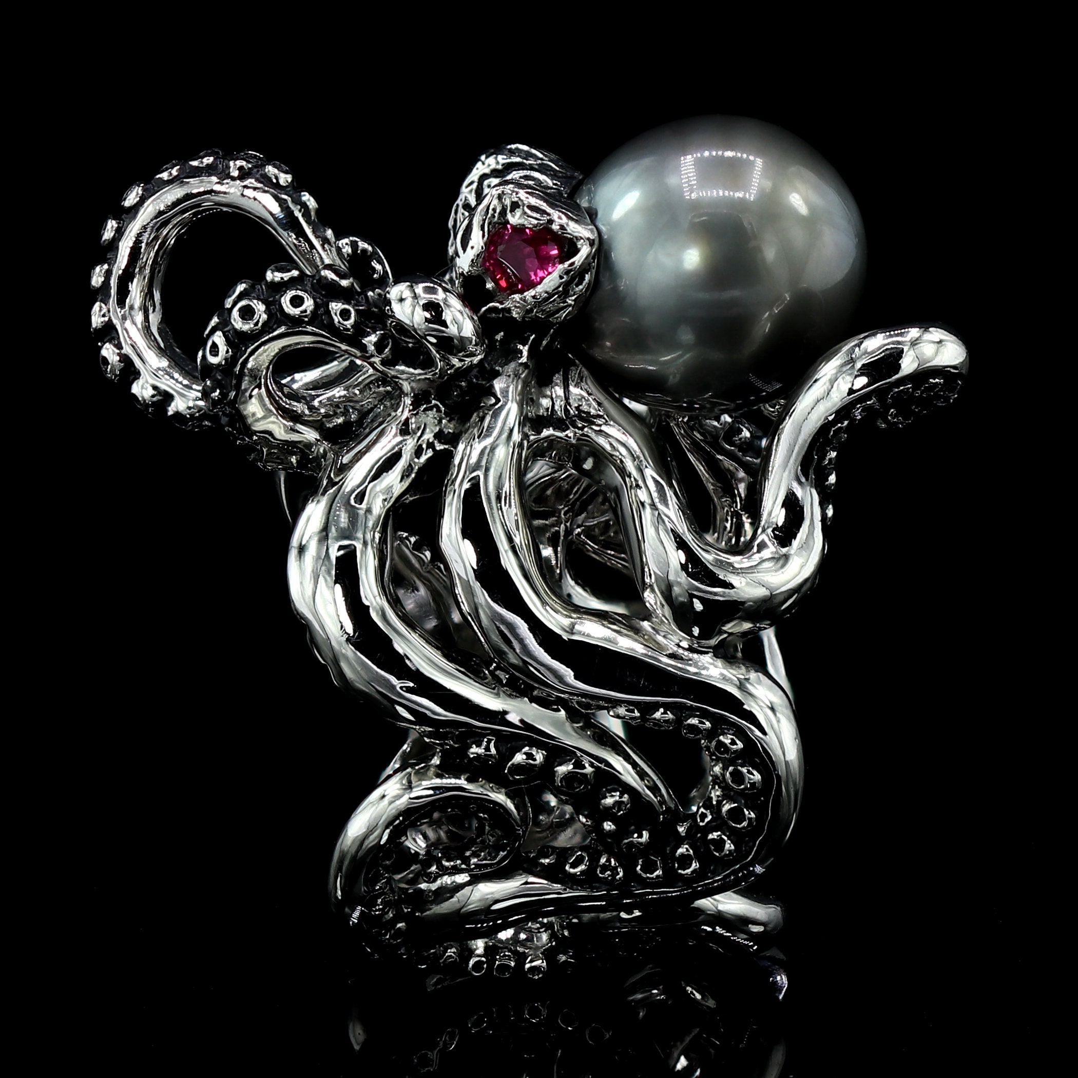 Octopus Ring: Sterling Silver, Black Tahitian Pearl, Gothic Sea Animal ...