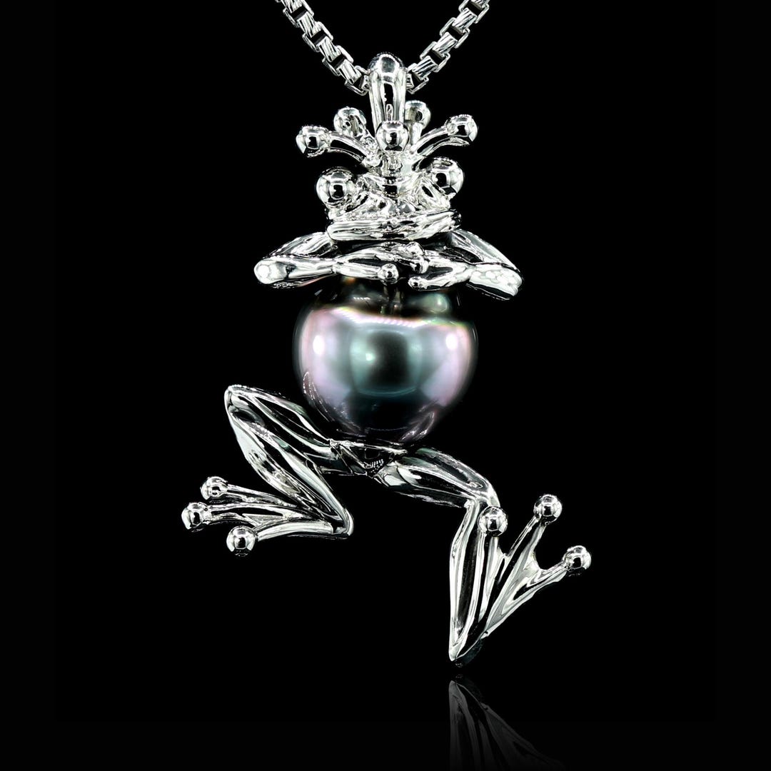 Sterling Silver Frog Pendant: Black South Sea Pearl, Royal Tiara - Etsy