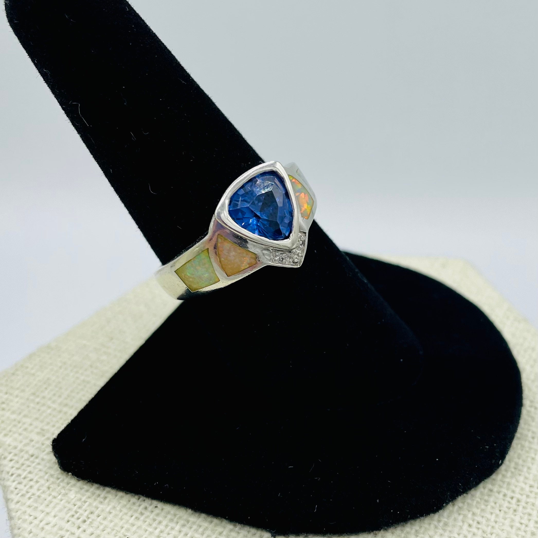 Sterling Silver Trilliant Triangle Blue Stone Estate Ring | Etsy