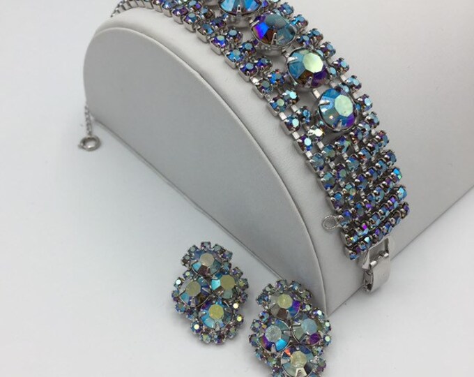 Weiss Blue Silver Set Demi-parure Rhinestone Bracelet Clip Earrings ...