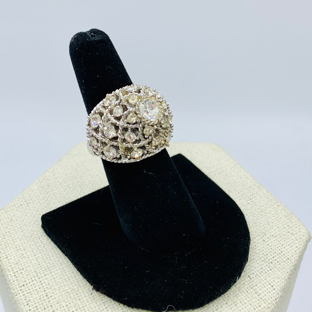 Trifari Rhinestone Dome Ring Silver Tone Cluster Adjustable Cocktail ...