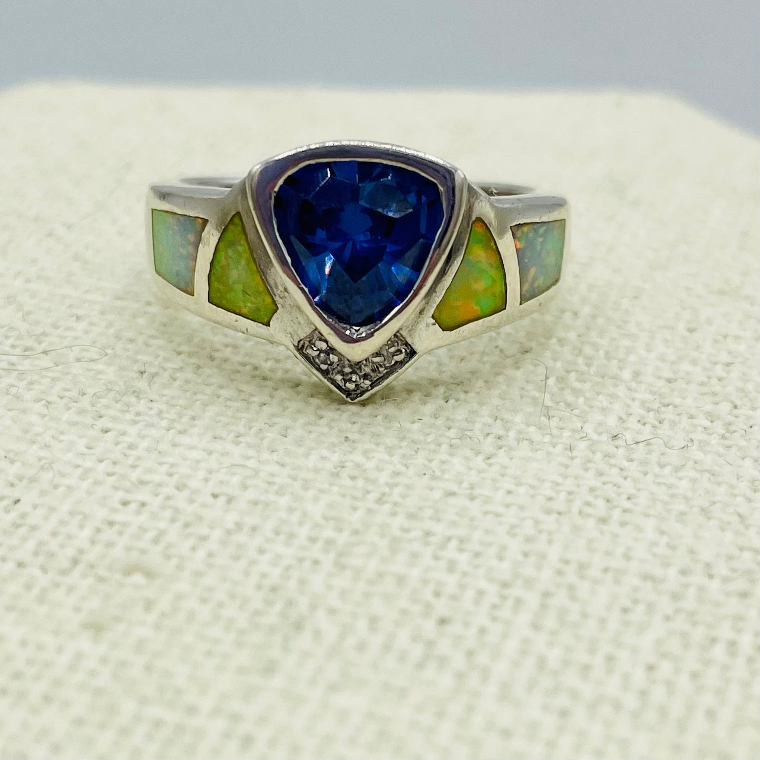 Sterling Silver Trilliant Triangle Blue Stone Estate Ring - Etsy