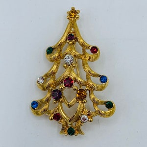 Monet Christmas Tree Brooch Gold Clear Green Red Blue Purple ...