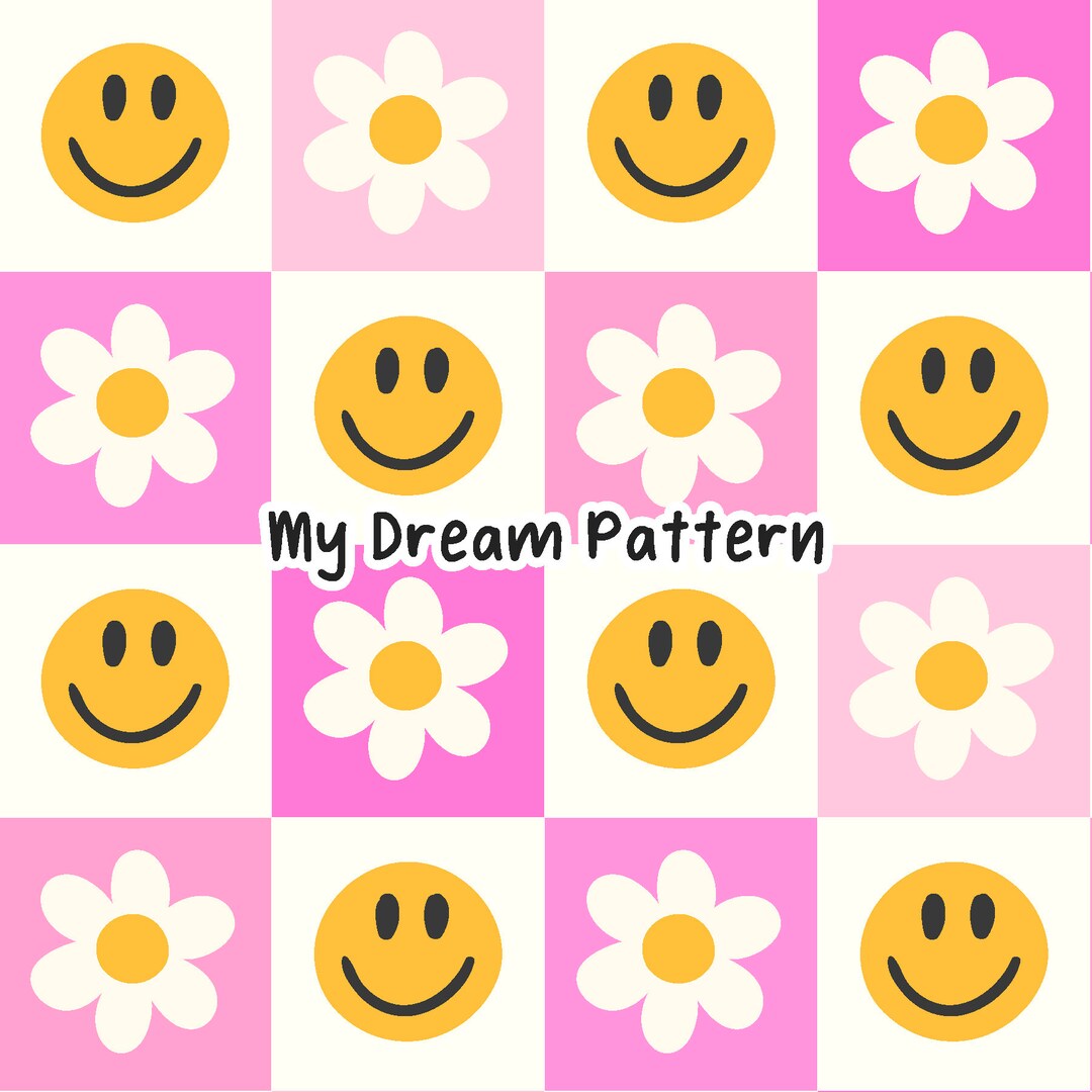 Pink Groovy Checkered Seamless Pattern Retro Smile Checkered Digital ...