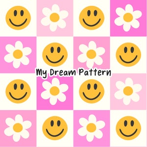 Pink Groovy Checkered Seamless Pattern Retro Smile Checkered Digital ...