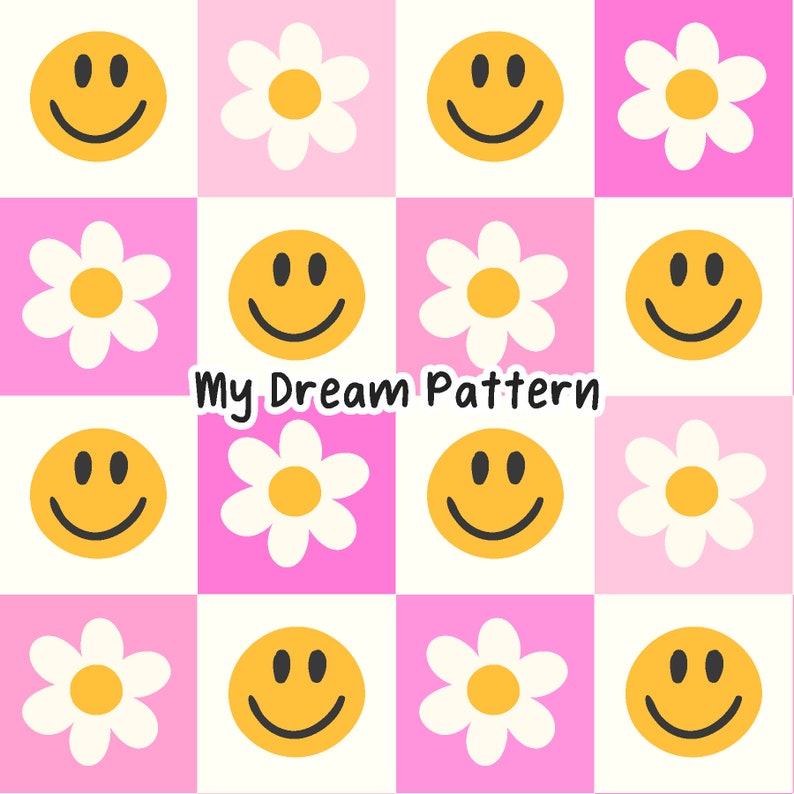 Pink Groovy Checkered Seamless Pattern Retro Smile Checkered Digital ...