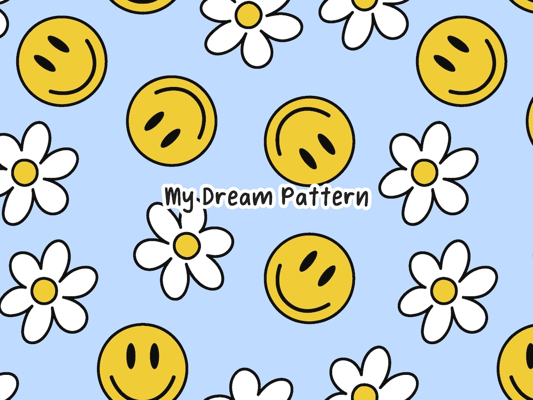 Blue Groovy Seamless Pattern Happy Face Seamless File Smiley Repeat ...