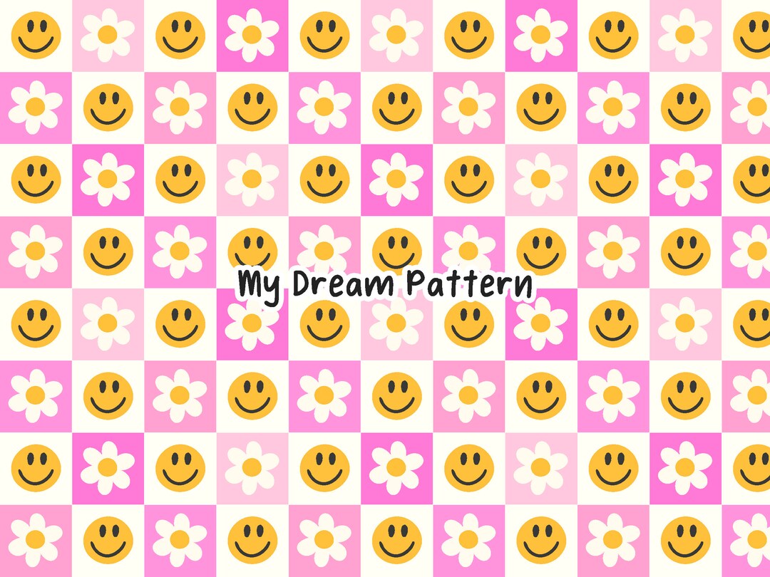 Pink Groovy Checkered Seamless Pattern Retro Smile Checkered Digital ...