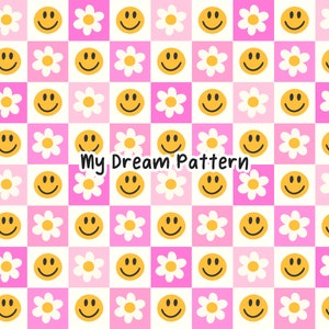 Pink Groovy Checkered Seamless Pattern Retro Smile Checkered Digital ...