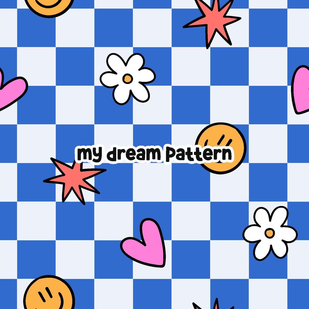 Blue Groovy Checkered Seamless Pattern Blue Retro Checkered Digital ...