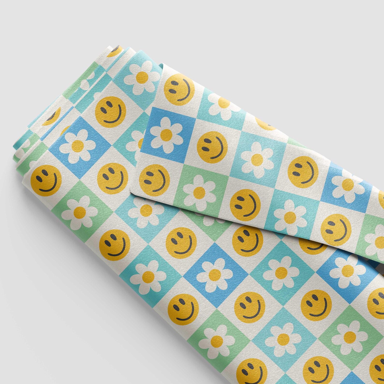 Blue Green Retro Daisy Checkered Seamless Pattern Smile Checkered ...