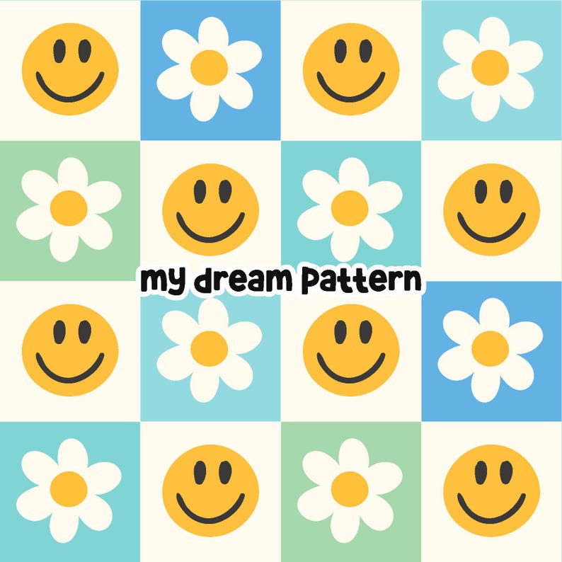 Blue Green Retro Daisy Checkered Seamless Pattern Smile Checkered ...