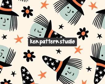 Witchy Mystical Digital Paper, Seamless Halloween Pattern, Witch Fabric ...