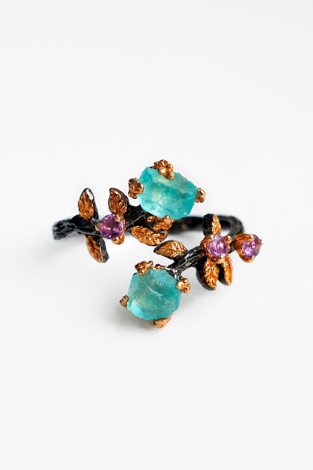 925 Silver Raw Blue Apatite Ring, Rough Two Stone Gemstone Branch ...