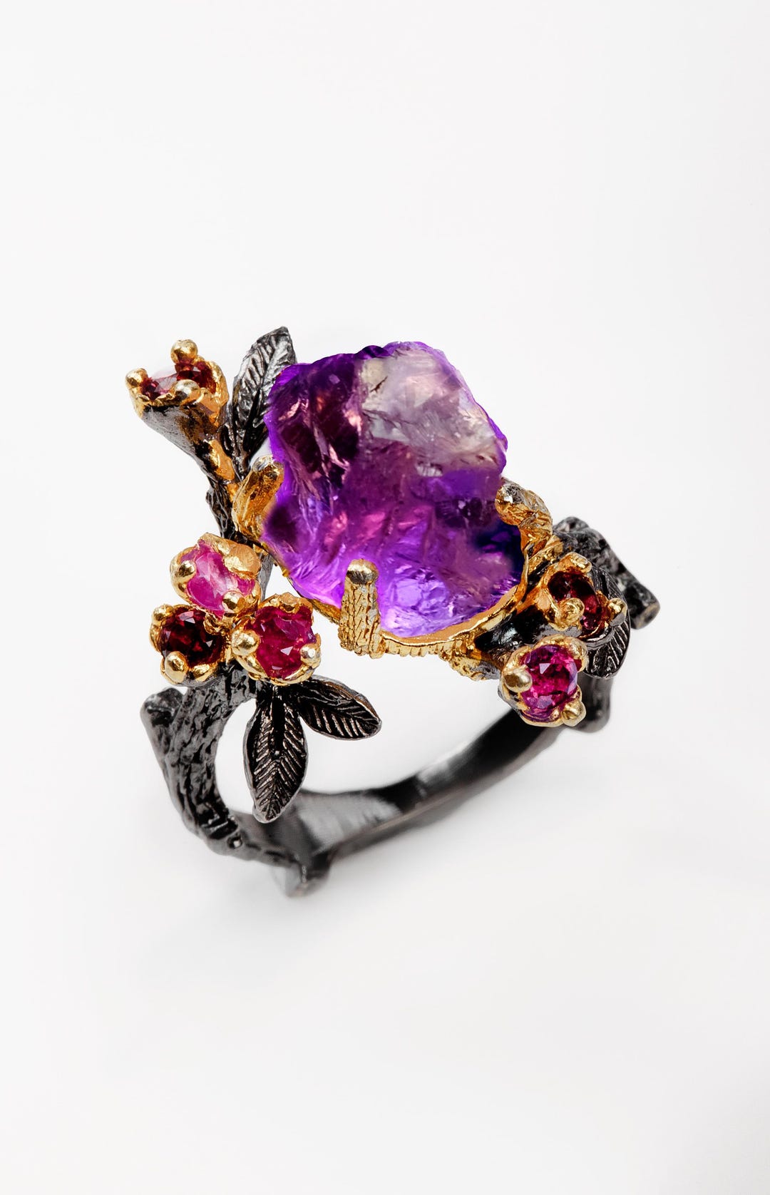 925 Silver Raw Purple Amethyst Ring, Rough Gemstone Crystal Nature ...