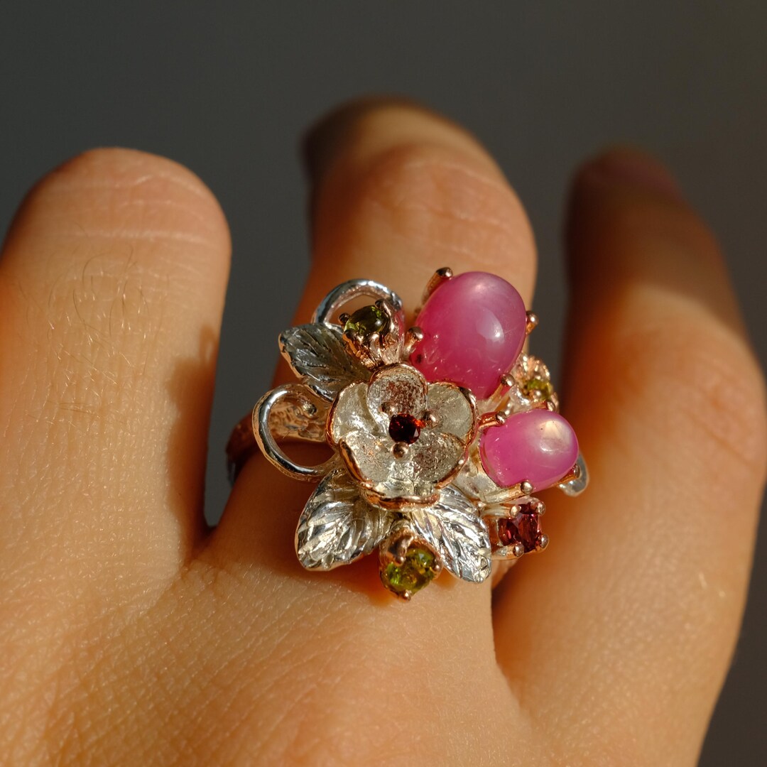 Pink Ruby Ring, Oval Gemstone Flowers Leaves 925 Sterling Silver July ...