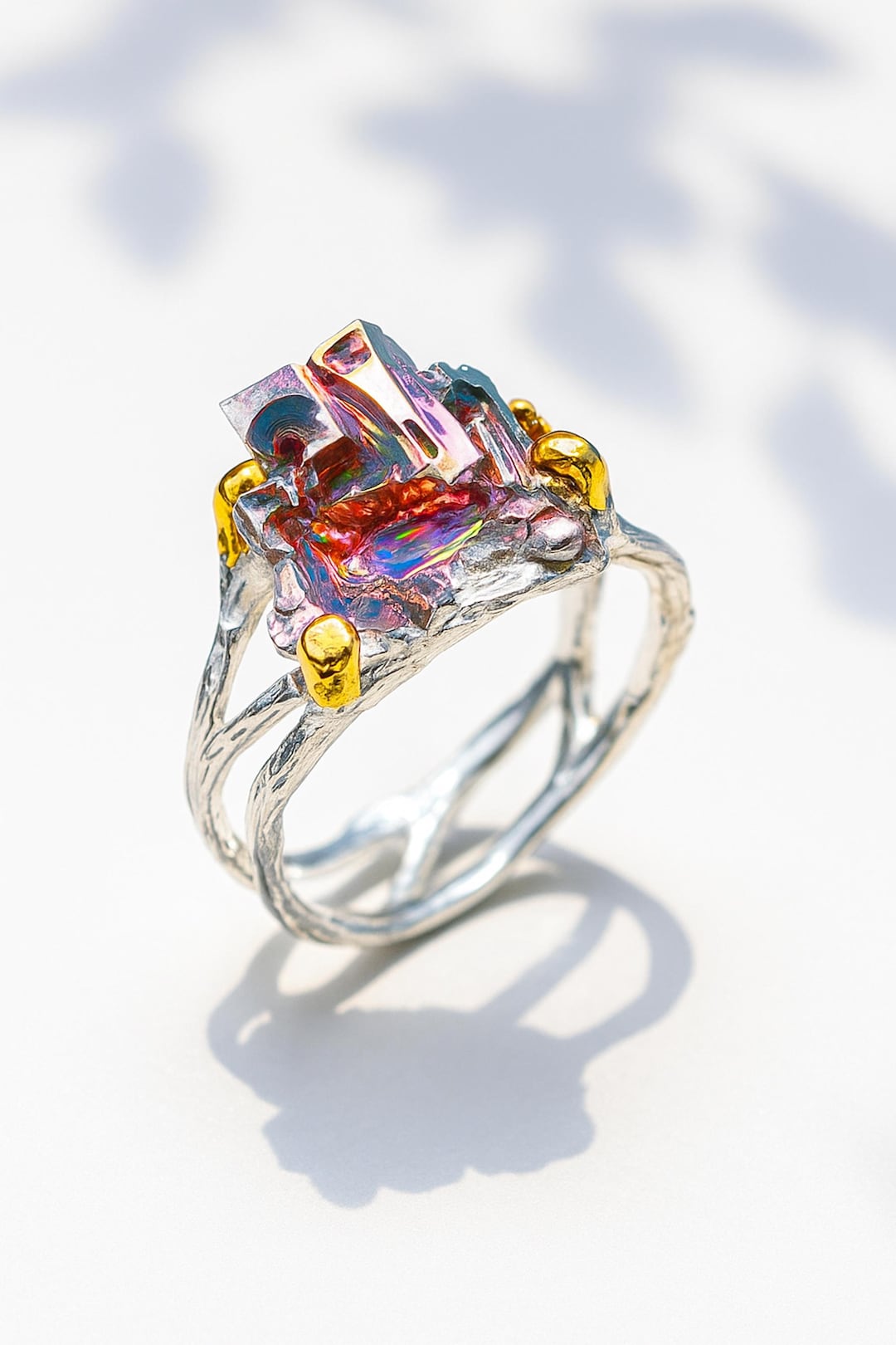 925 Silver Raw Bismuth Ring for Women, Rainbow Rough Crystal Gemstone ...