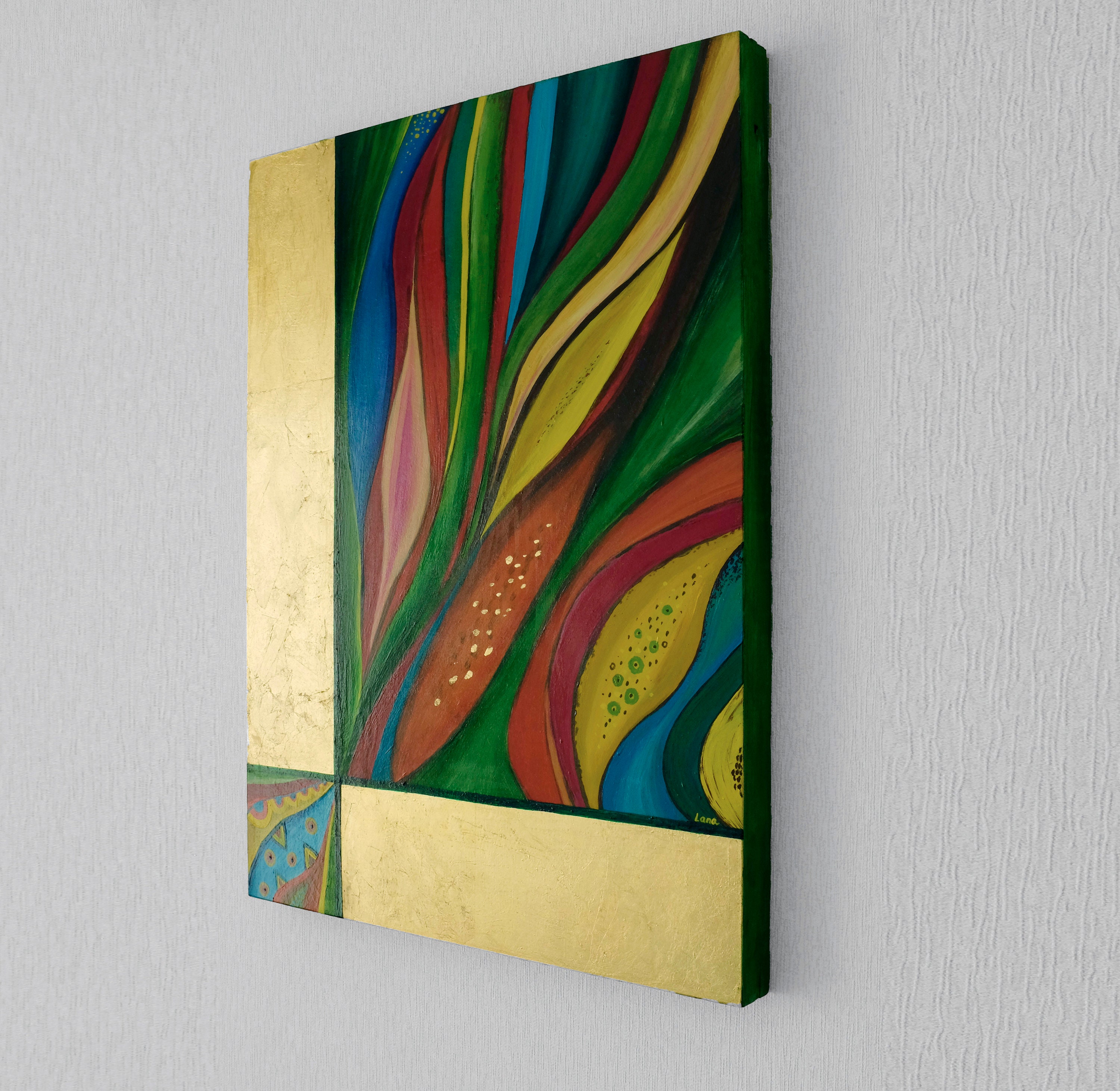 Tropical Red Green Gold Colors Original Acrylic Painting, Geometric ...