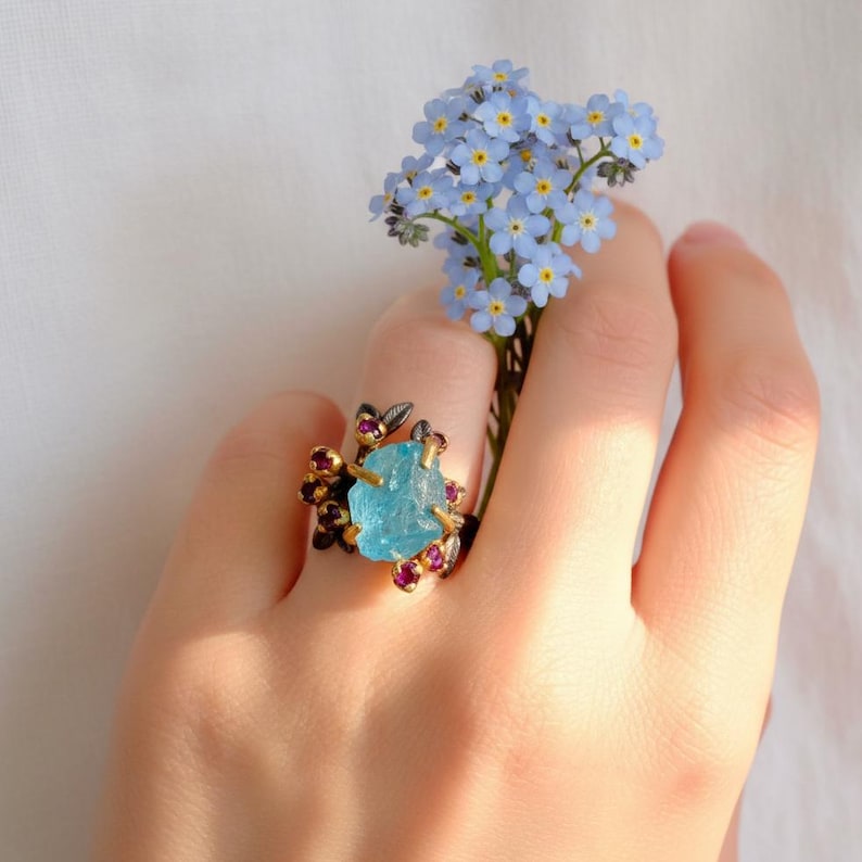 925 Silver Raw Apatite Ring, Neon Blue Uncut Crystal Gemstone Nature ...