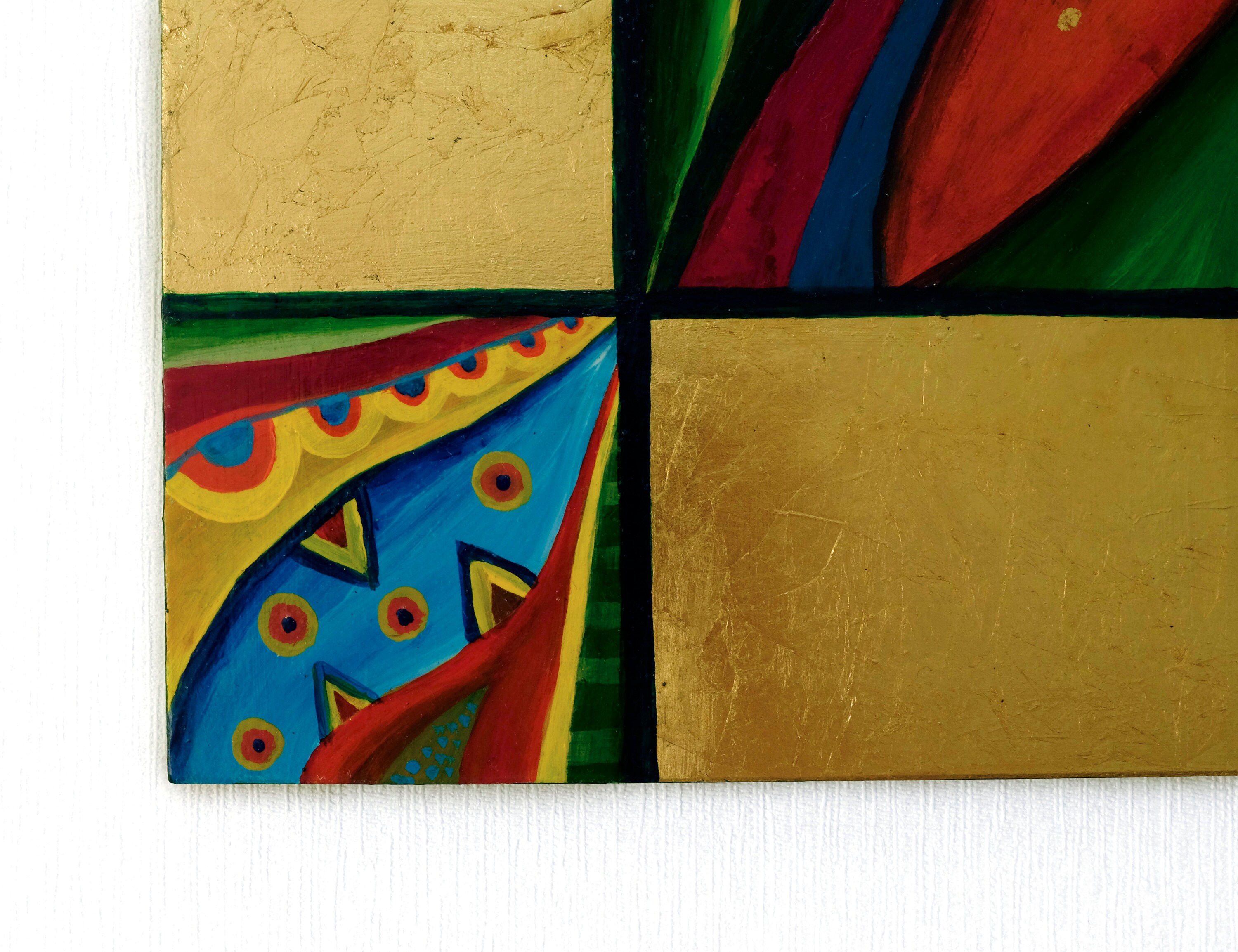 Tropical Red Green Gold Colors Original Acrylic Painting, Geometric ...