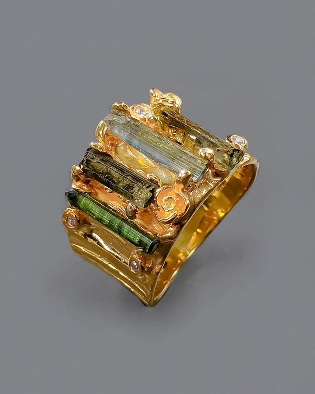 Raw Green Tourmaline Ring, Wide Band Rough Bar Long Gemstone, October ...