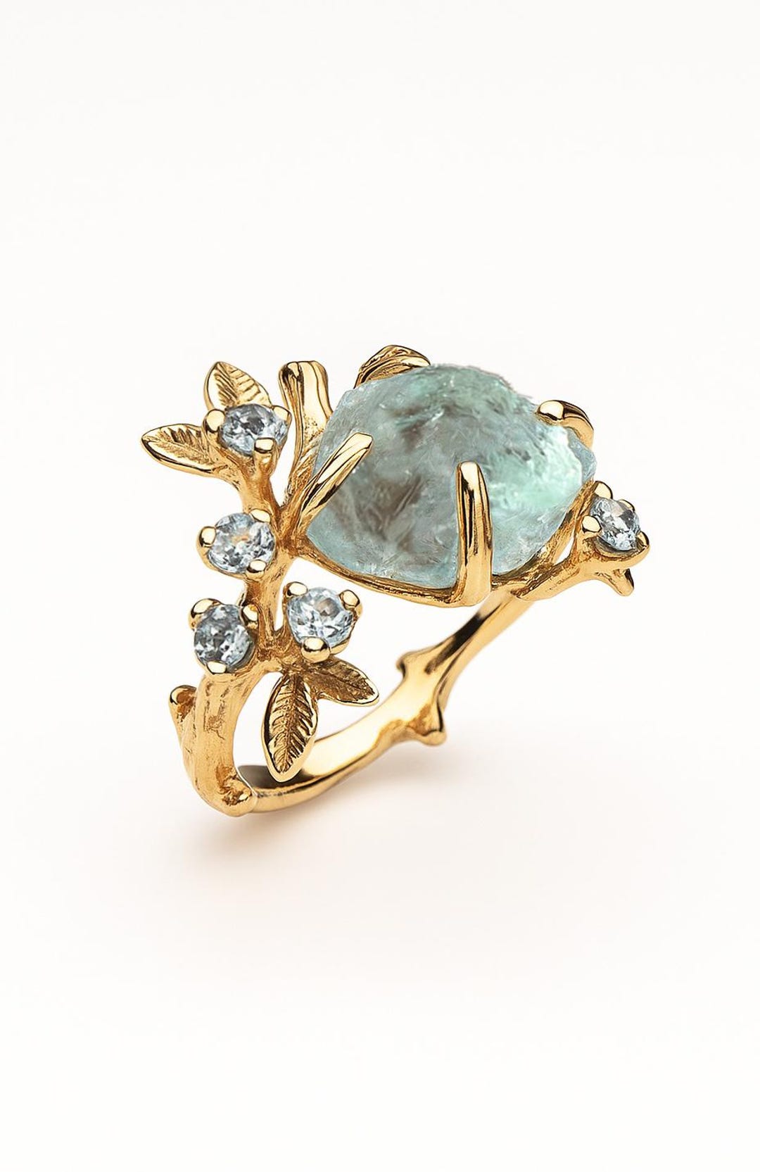 14K Solid Gold Raw Aquamarine Ring, March Birthstone Blue Uncut Crystal ...