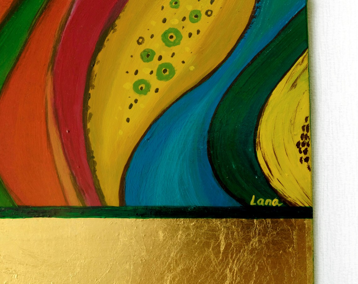 Tropical Red Green Gold Colors Original Acrylic Painting, Geometric ...